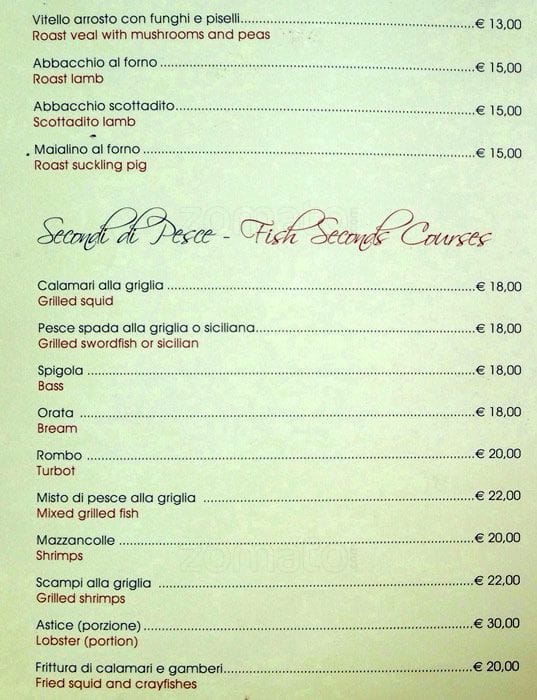 Menu at L'orso 80 restaurant, Rome