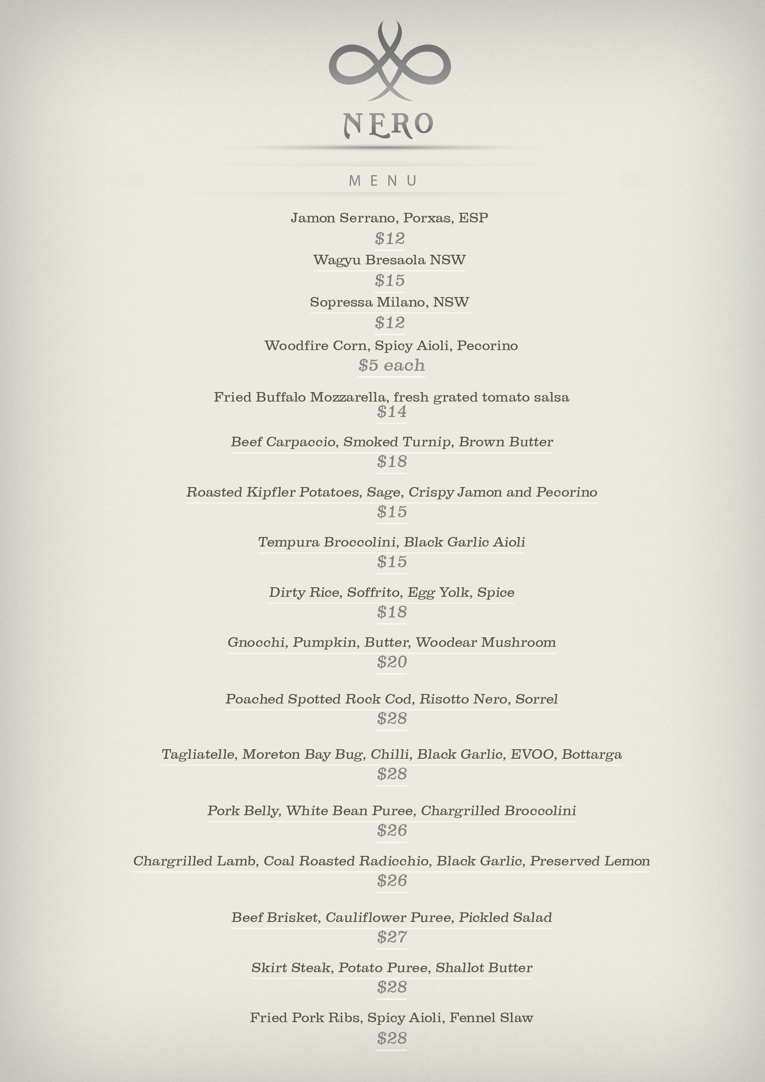 Menu at Nero Dining restaurant, Broadbeach Waters
