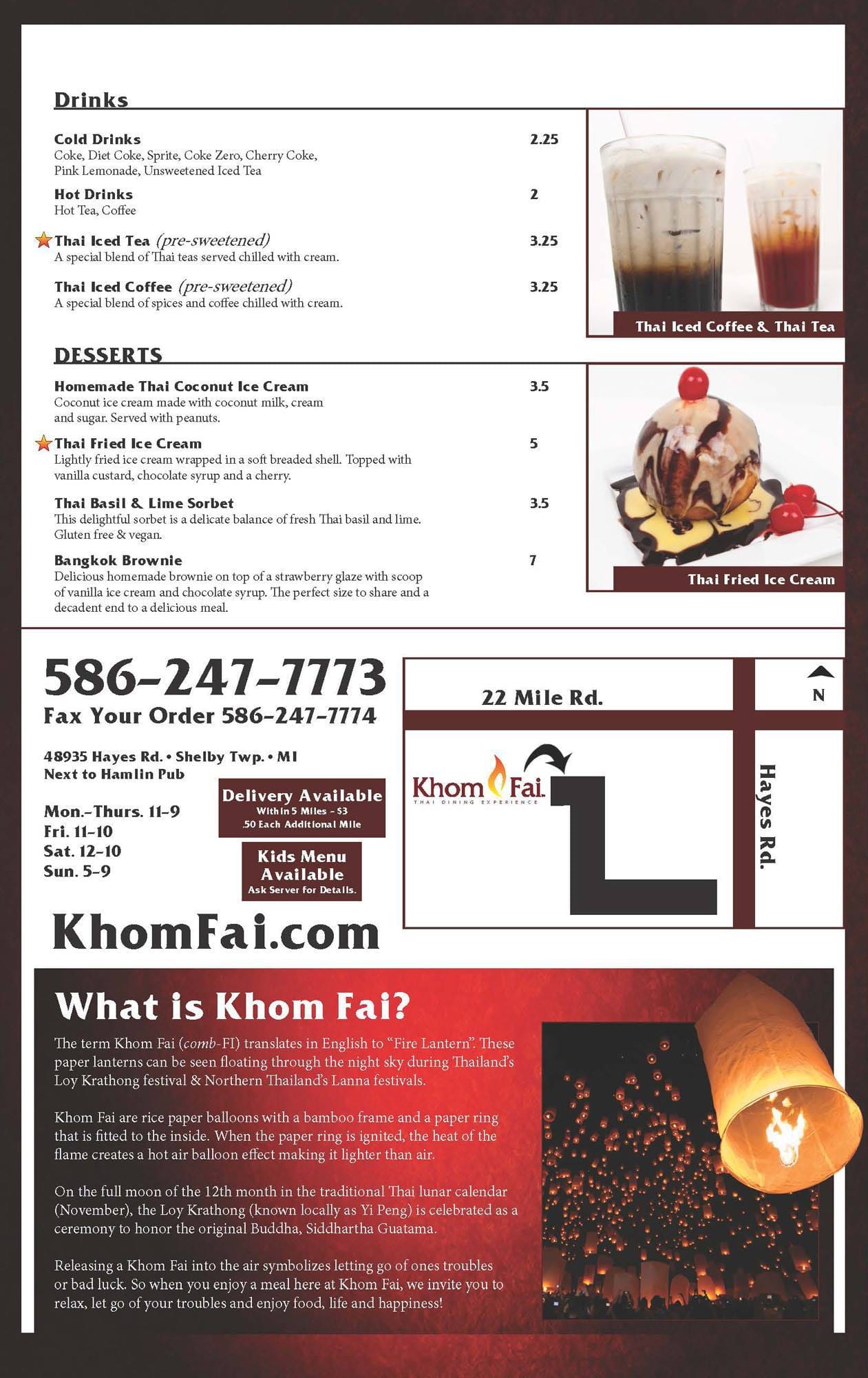 Menu at Khom Fai restaurant, Shelby charter Township, Hayes Rd