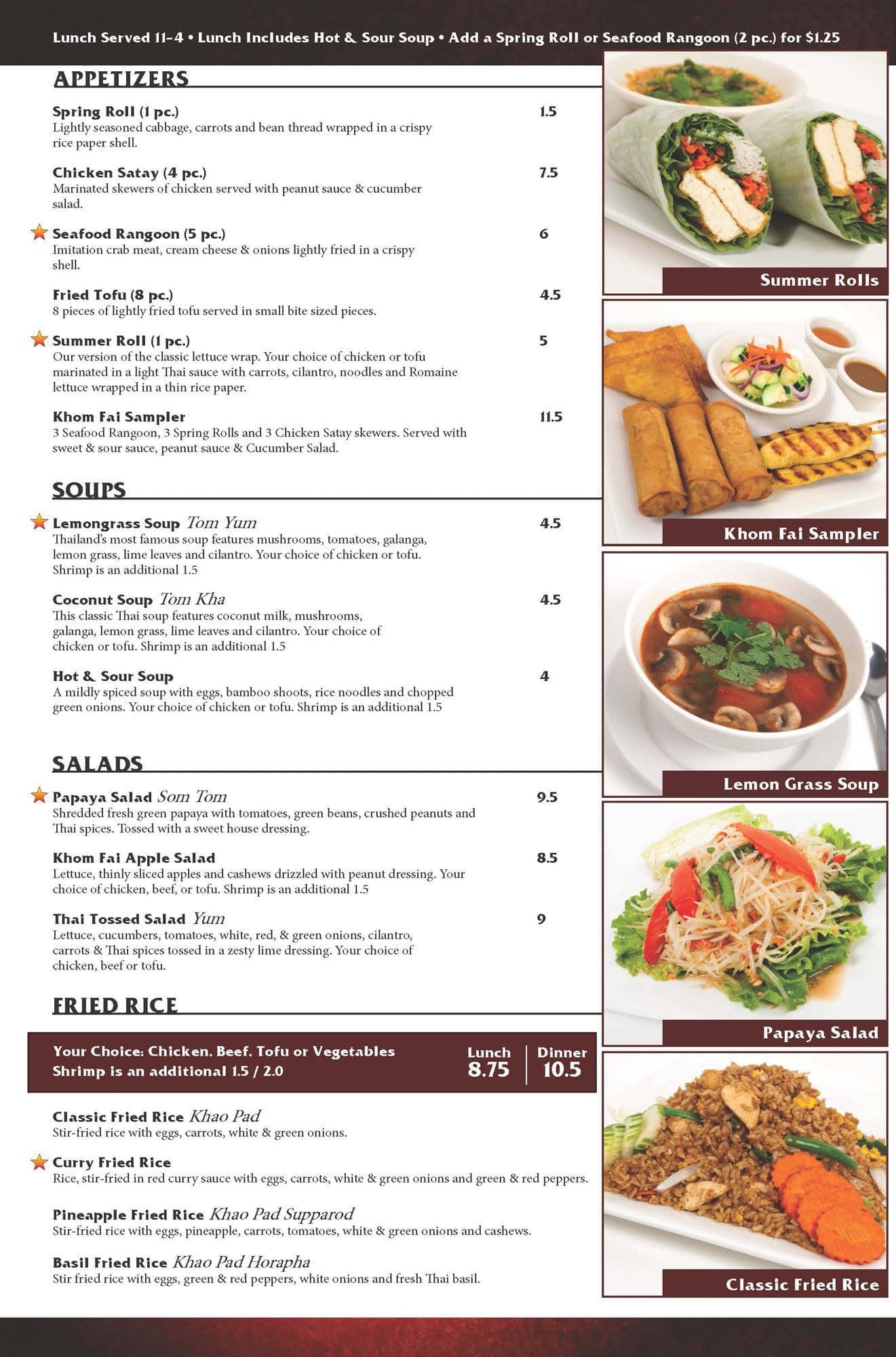 Menu at Khom Fai restaurant, Shelby charter Township, Hayes Rd