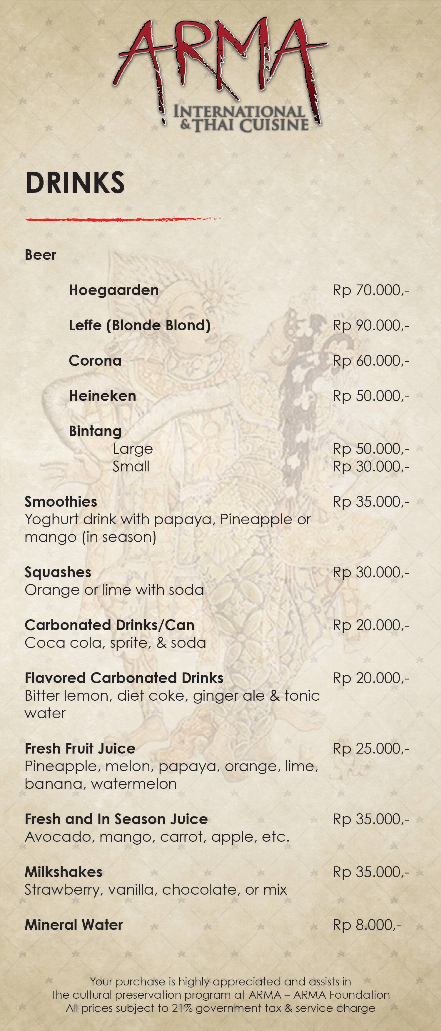 Menu at Arma Thai Restaurant, Peliatan, Jalan Bima Pengosekan