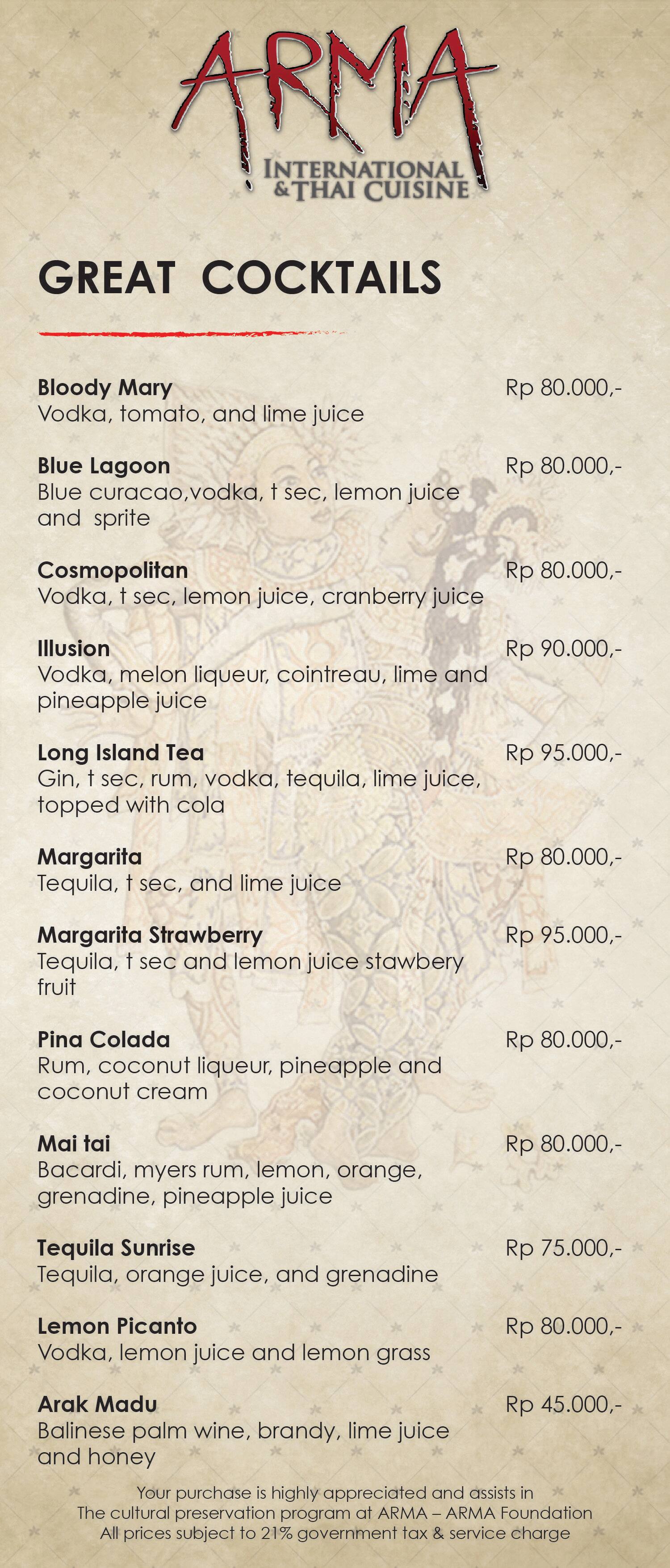 Menu at Arma Thai Restaurant, Peliatan, Jalan Bima Pengosekan