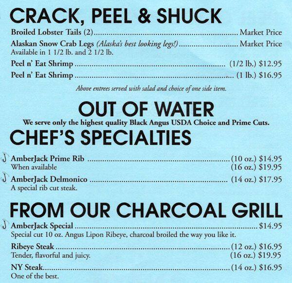 Menu at AmberJack steakhouse, Gastonia