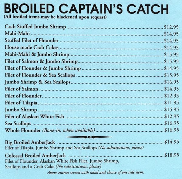 Menu at AmberJack steakhouse, Gastonia