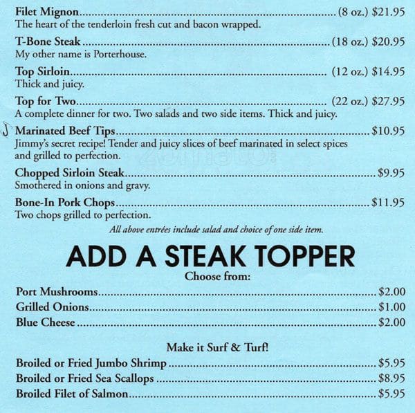 Menu at AmberJack steakhouse, Gastonia