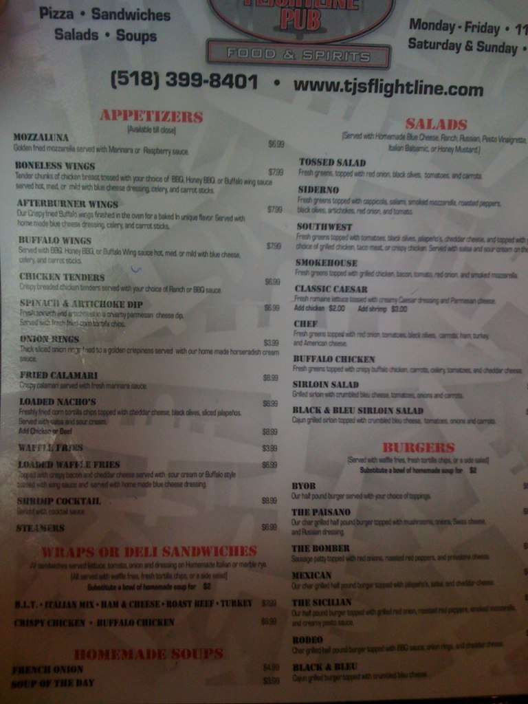 Menu at TJ's Flightline Pub, East Glenville, 20 Saratoga Rd