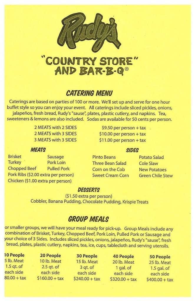 Menu at Rudy's "Country Store" and Bar-B-Q, Lubbock
