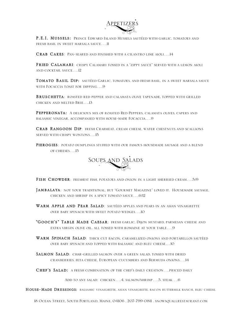 Menu at The Snow Squall Restaurant, South Portland