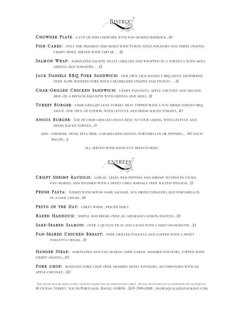Menu at The Snow Squall Restaurant, South Portland