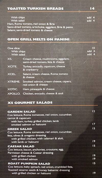 Menu at Café XS cafe, Carindale