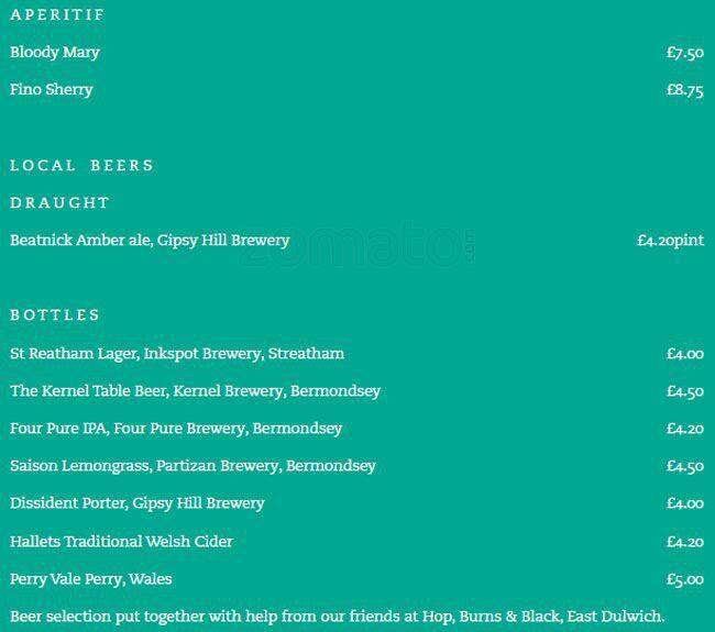 Carta del pub y bar The Perry Vale, Londres, 31 Perry Vale