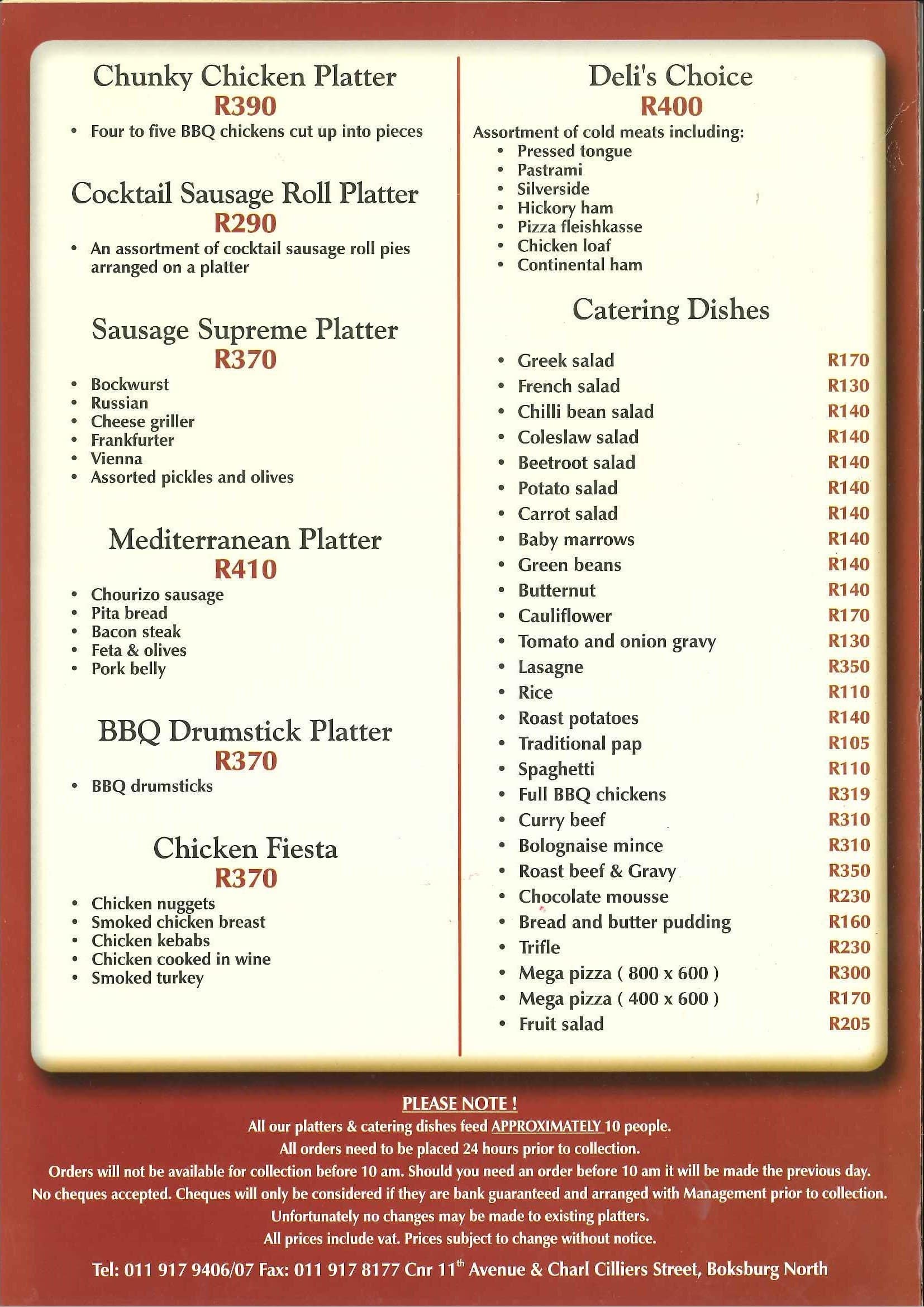 Menu at Satellite Bakery, Boksburg
