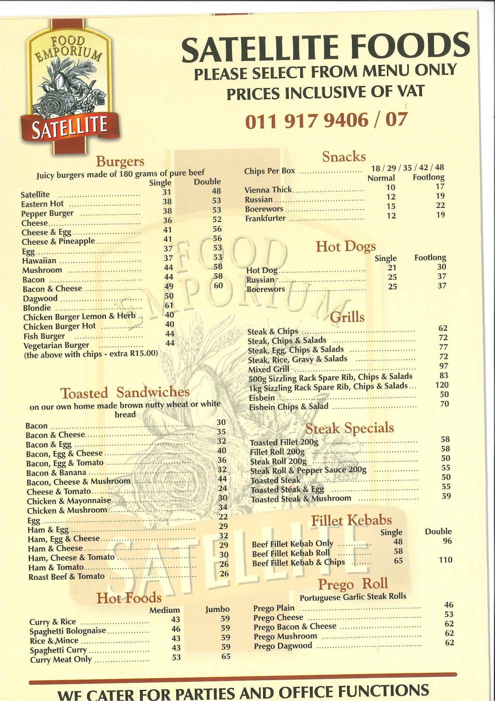 Menu at Satellite Bakery, Boksburg