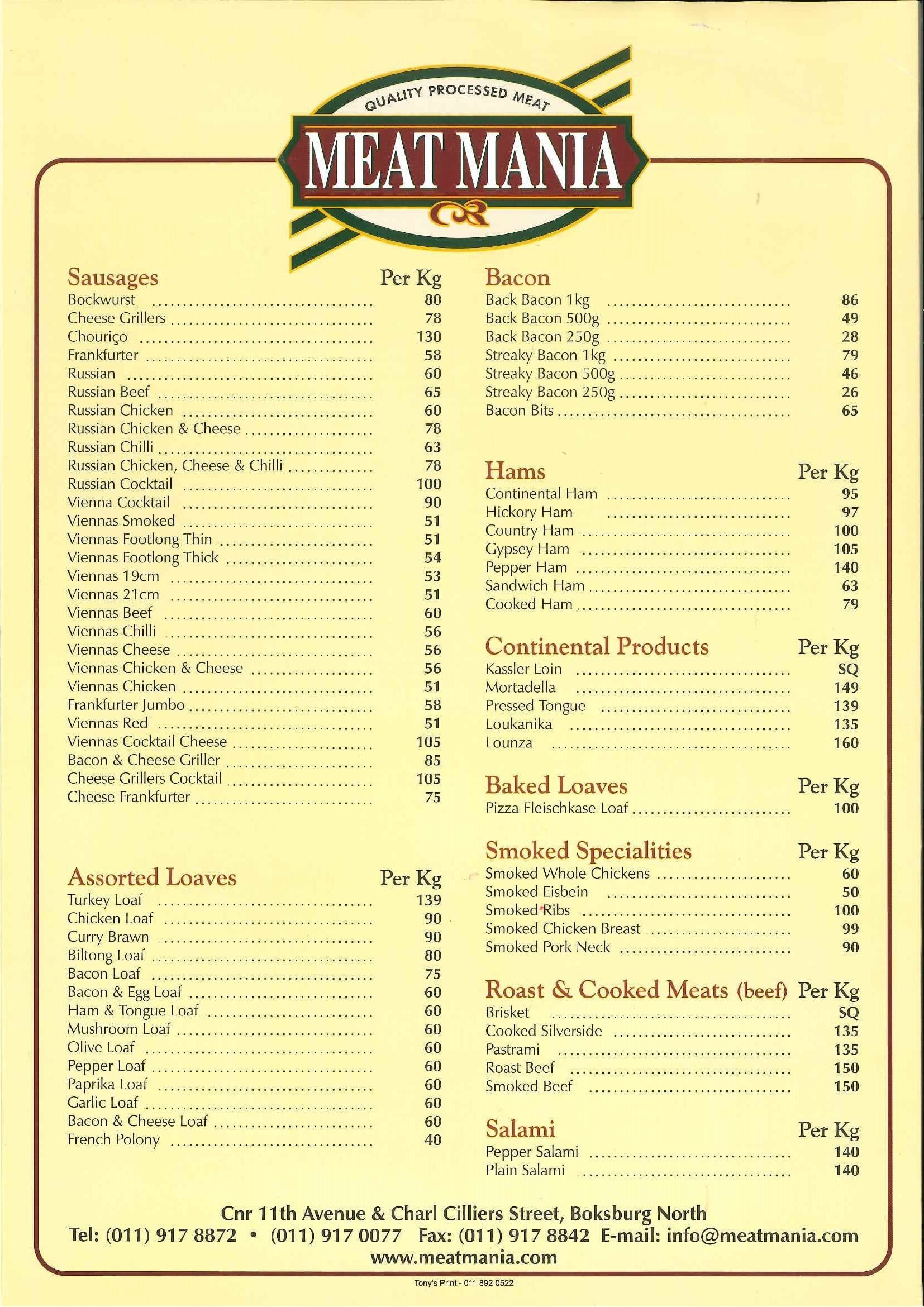 Satellite Bakery Menu, Menu for Satellite Bakery, Boksburg, East Rand ...