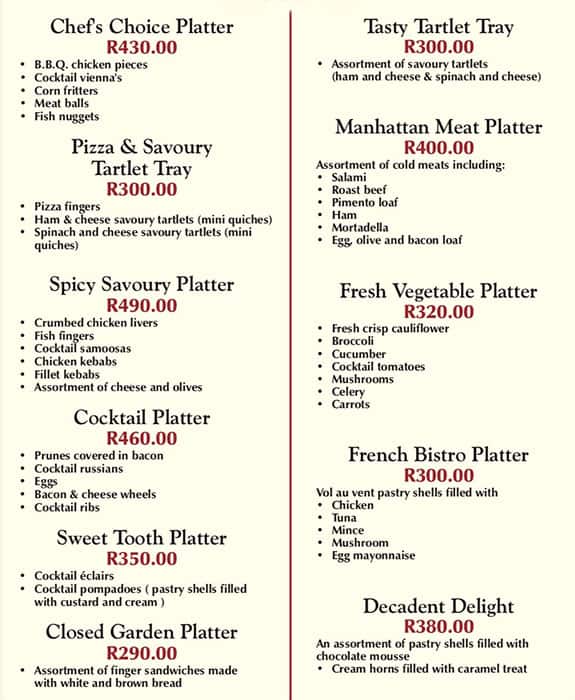 Menu at Satellite Bakery, Boksburg