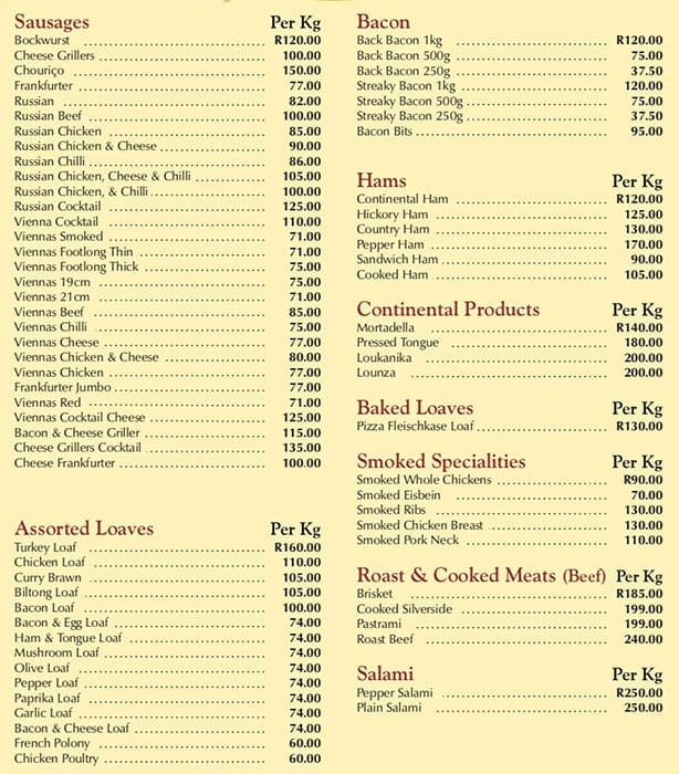 Menu at Satellite Bakery, Boksburg