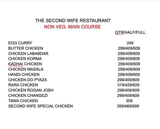 Menu at The Second Wife Restaurant, Noida, Shop no 15