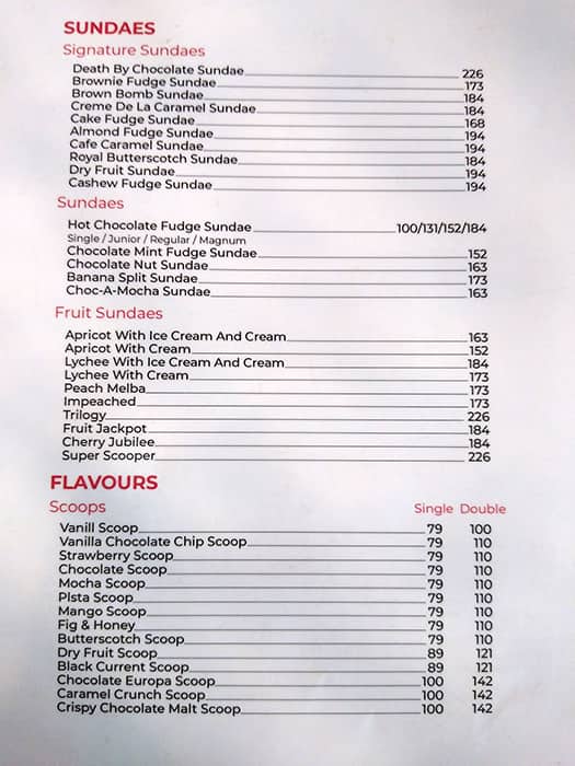 Menu of Ice Corner, HSR, Bangalore
