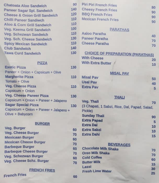 Menu of Sagar Fast Food, Mira Road, Mumbai