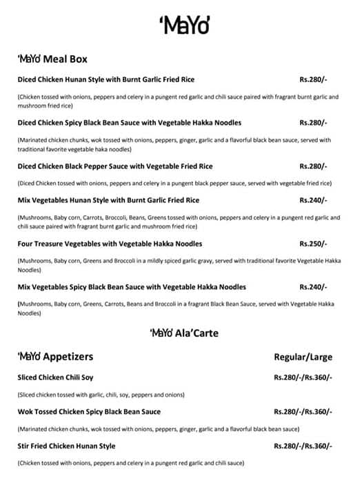 Menu at 'MaYo', Mumbai