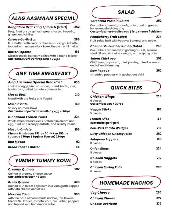 Menu at Alag Aasmaan-The Travel Cafe, Pune
