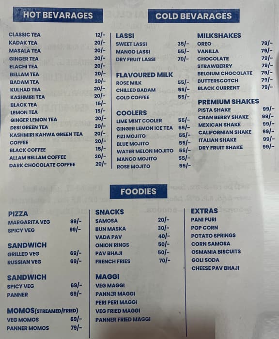 Menu of Chai Club, S D Road, Secunderabad