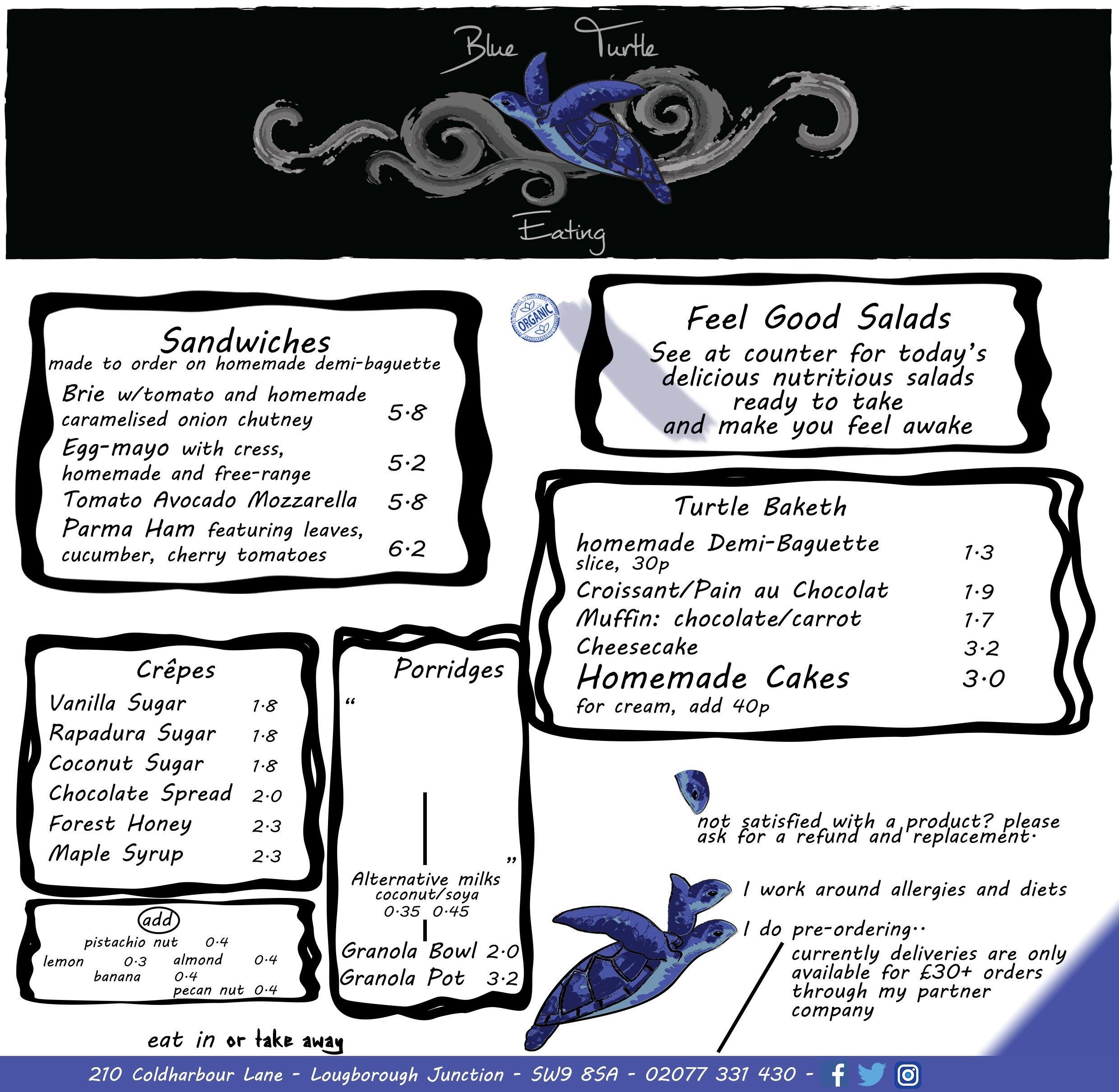 Menu at Blue Turtle Oasis cafe, London