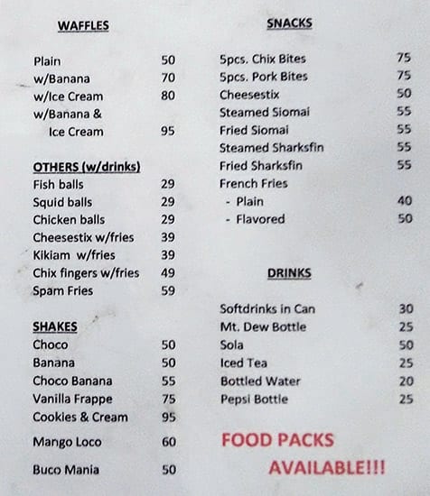 Menu at Food Chomps restaurant, Manila