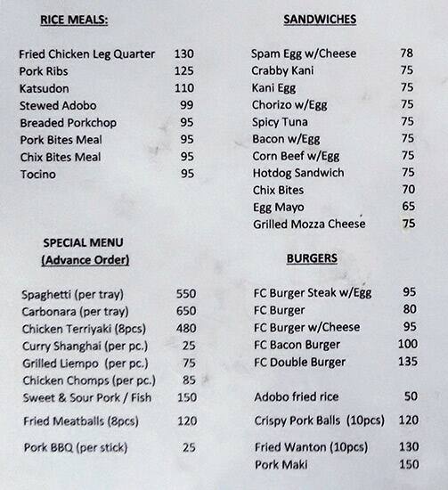 Menu at Food Chomps restaurant, Manila