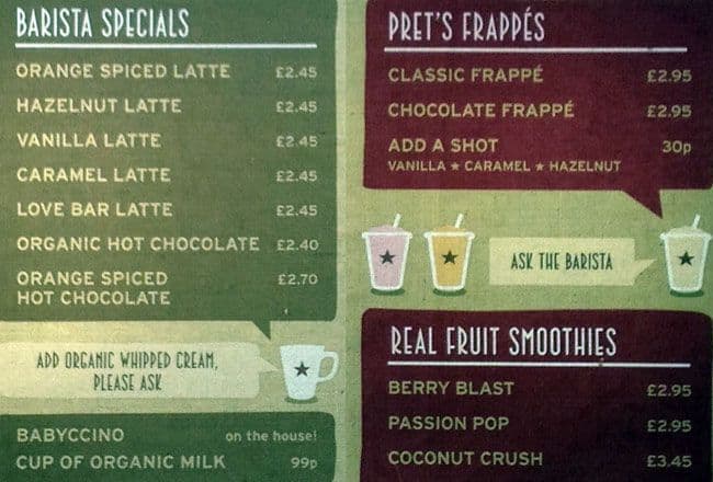 Menu at Pret A Manger cafe, Manchester, Piccadilly