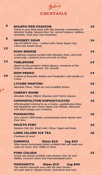 Menu at Bolero pub & bar, Auckland