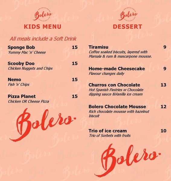 Menu at Bolero pub & bar, Auckland