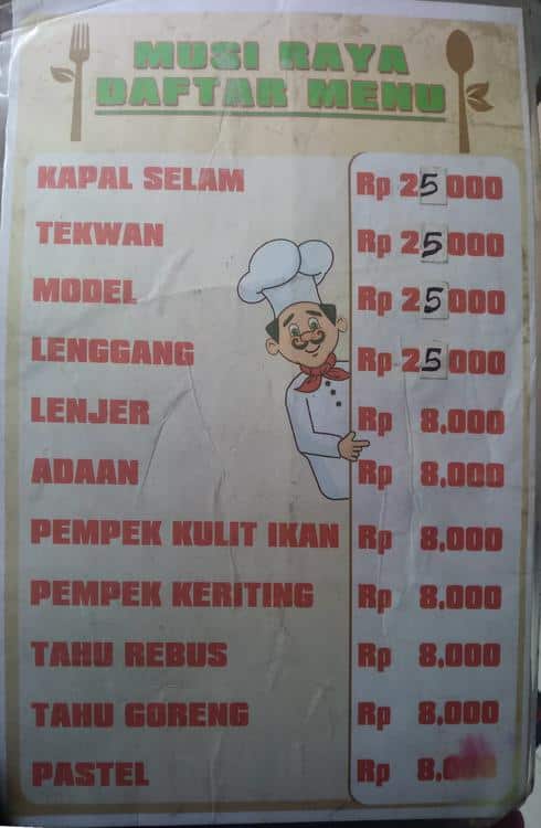 Menu at Musi Raya restaurant, Jakarta, Jl. Cilandak KKO No. 152