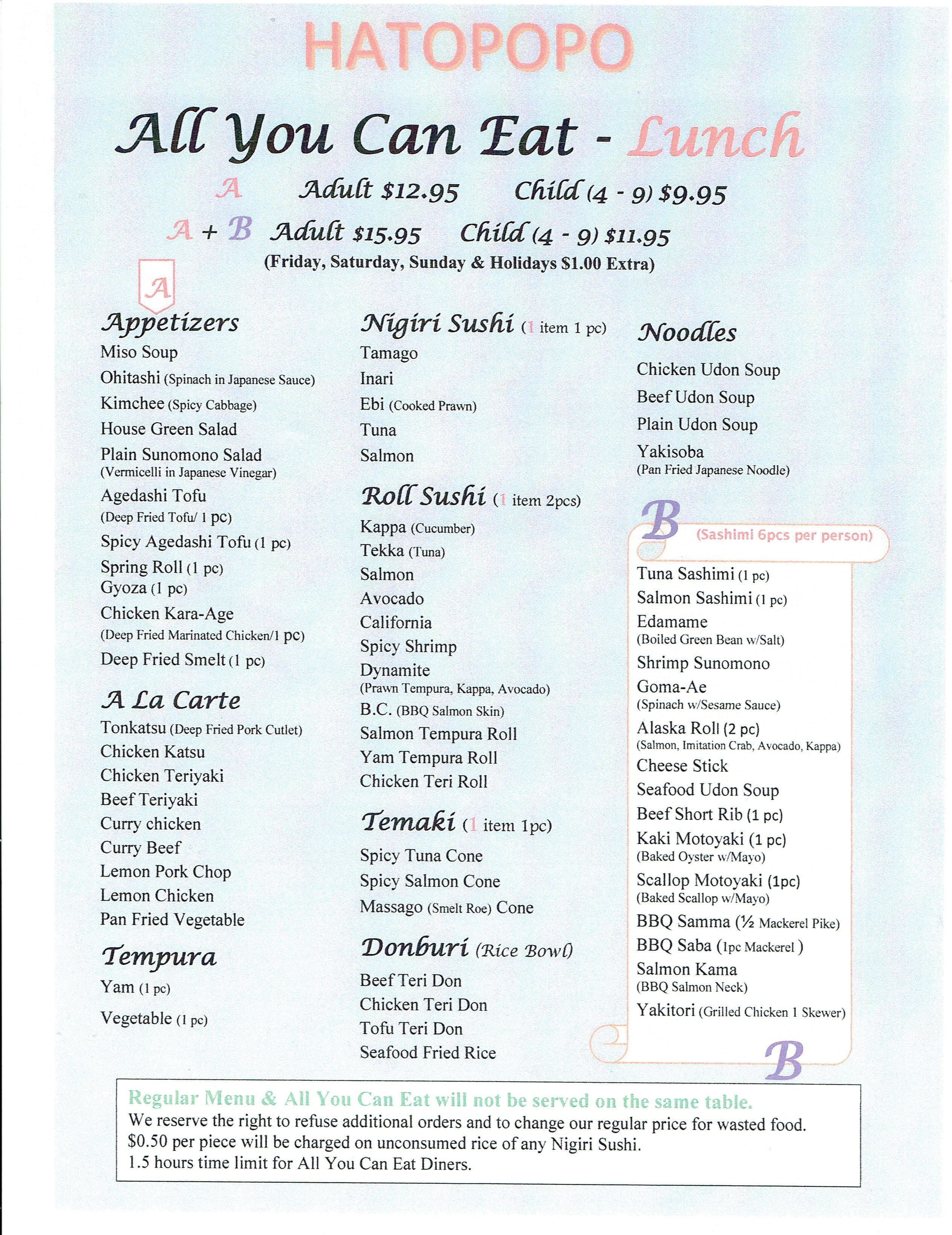 Menu at Hato Popo Japanese Restaurant, Vancouver