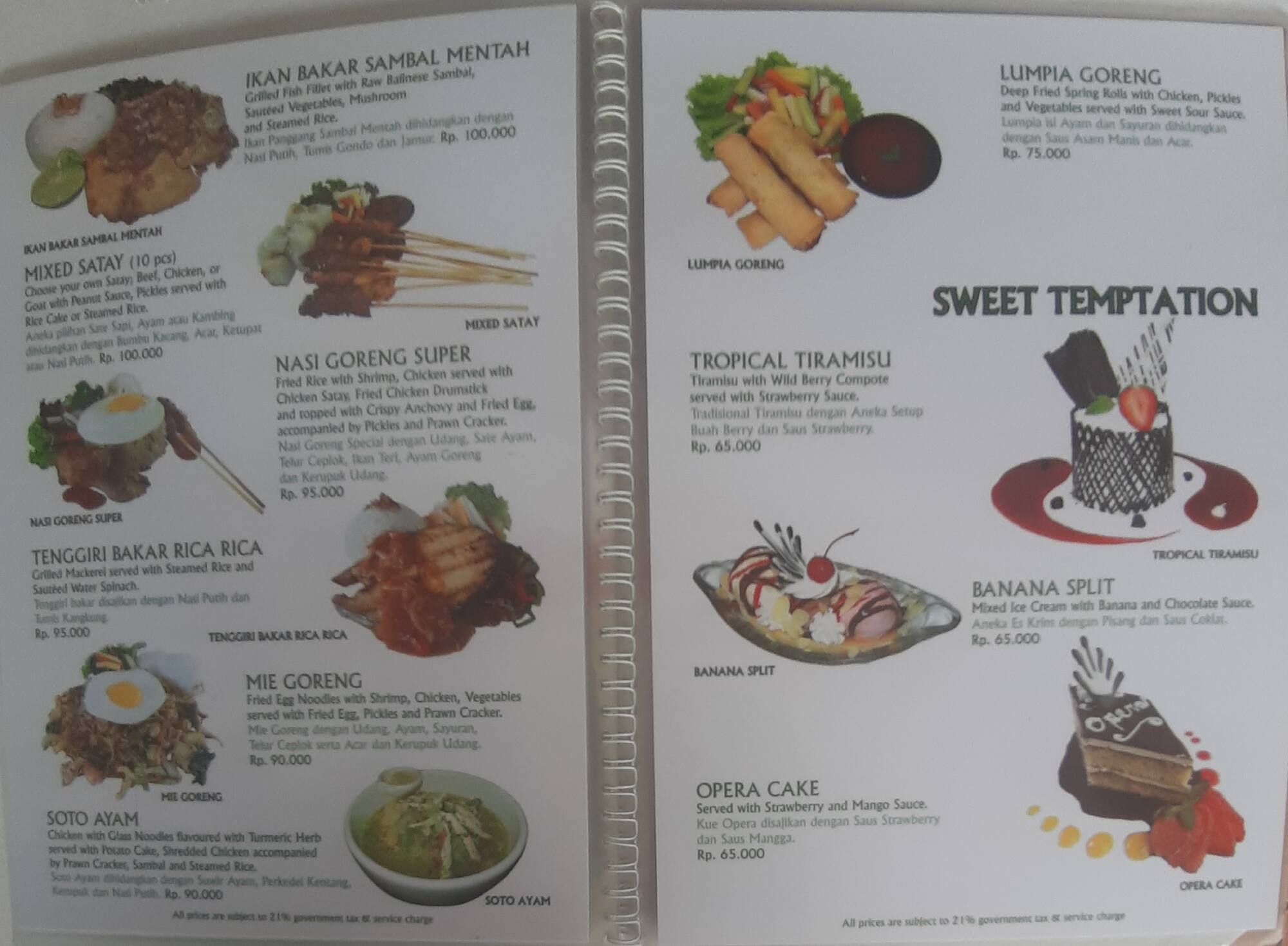 Menu at The Wharf Restaurant, Kuta