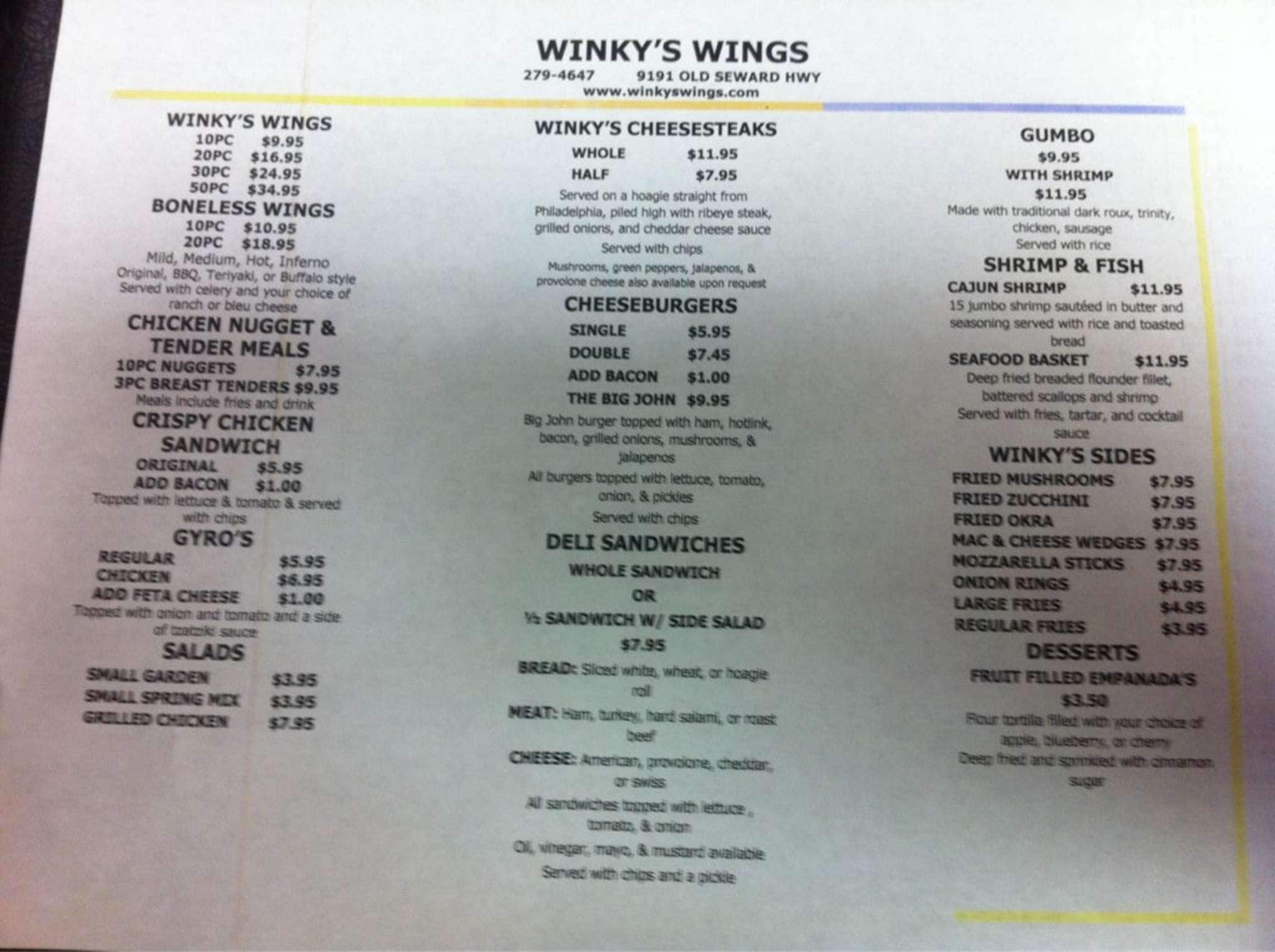 Menu at Winky's Wings restaurant, Anchorage