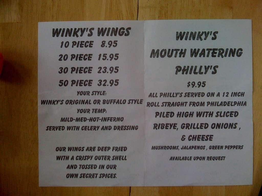 Menu at Winky's Wings restaurant, Anchorage