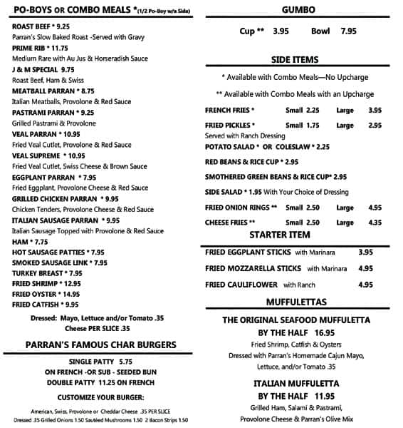 Menu at Parran's Po-Boys restaurant, Kenner, W Esplanade Ave suite a