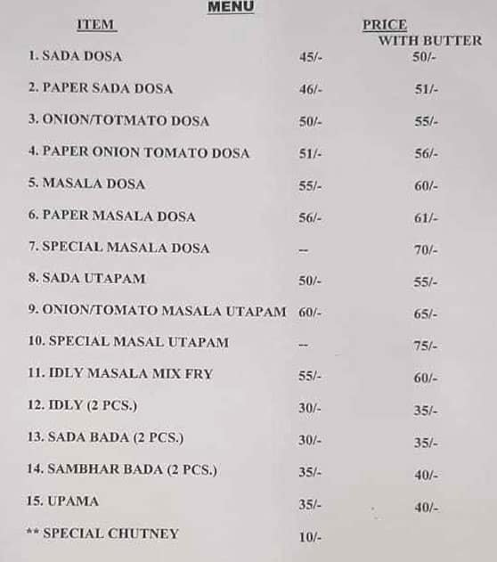 Menu of Darshana Restaurant, Bara Bazar, Kolkata