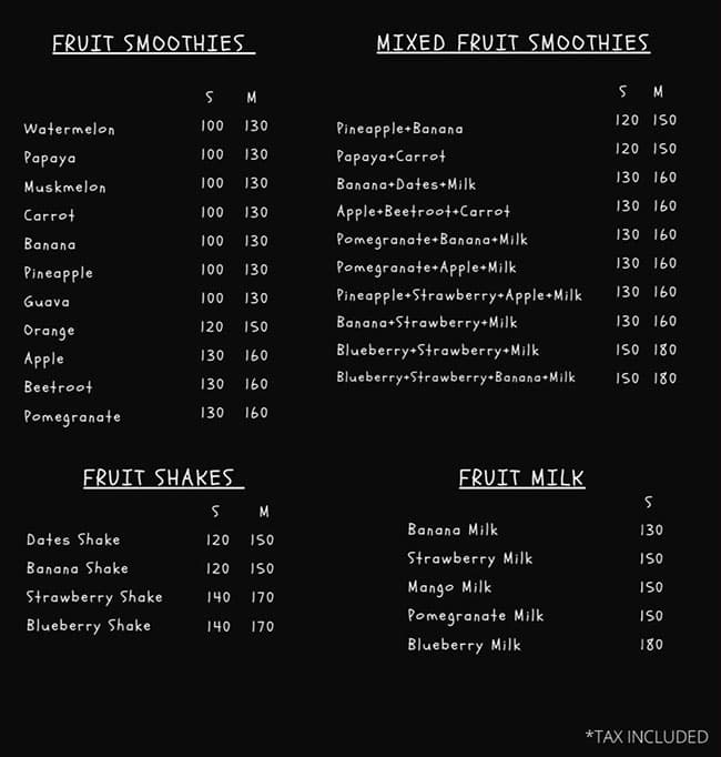 Menu of The Smoothie Cult, T. Nagar, Chennai