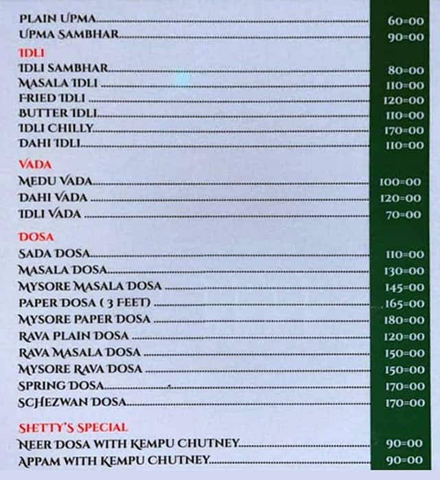 Menu of Shetty's Kitchen, Bhayli, Vadodara