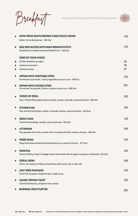 Menu of Darza Resorts, Thudiyalur, Coimbatore