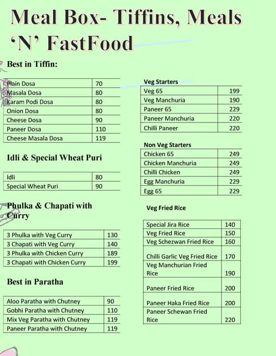 Menu of Meal Box - Tiffins Meals N Fastfood, Lingampally, Hyderabad