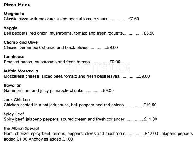 Menu at The Albion pub & bar, London, 121 Hammersmith Rd