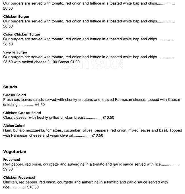 Menu at The Albion pub & bar, London, 121 Hammersmith Rd