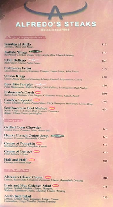 Menu at Alfredo's Steak House steakhouse, Quezon City, Alfredo's Building