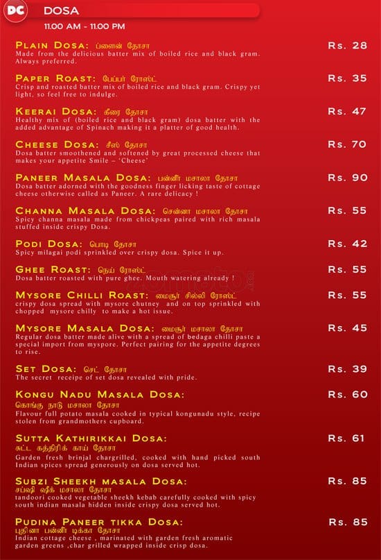 Menu at Dosa Calling, Chennai, 195