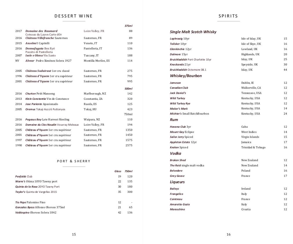 Menu at The Grove restaurant, Auckland