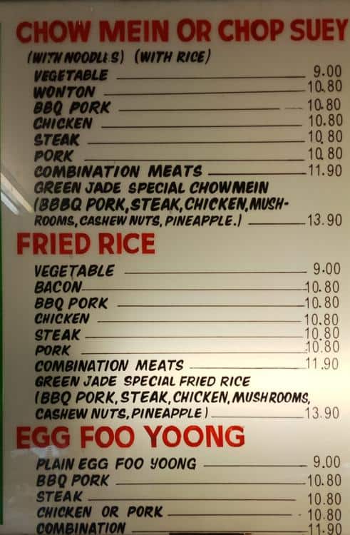 Menu at Green Jade fast food, Auckland, Great North Rd Avondale