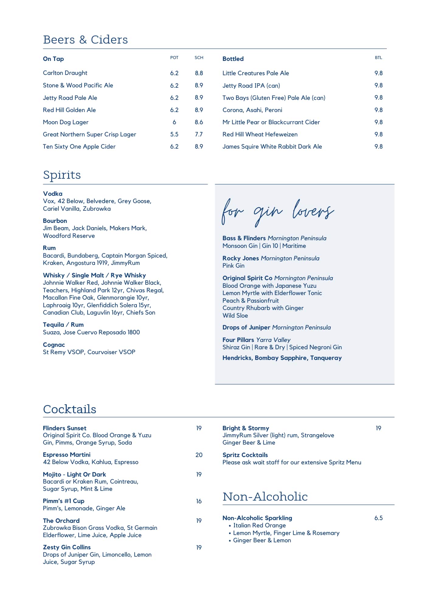 Menu at The Deck pub & bar, Flinders